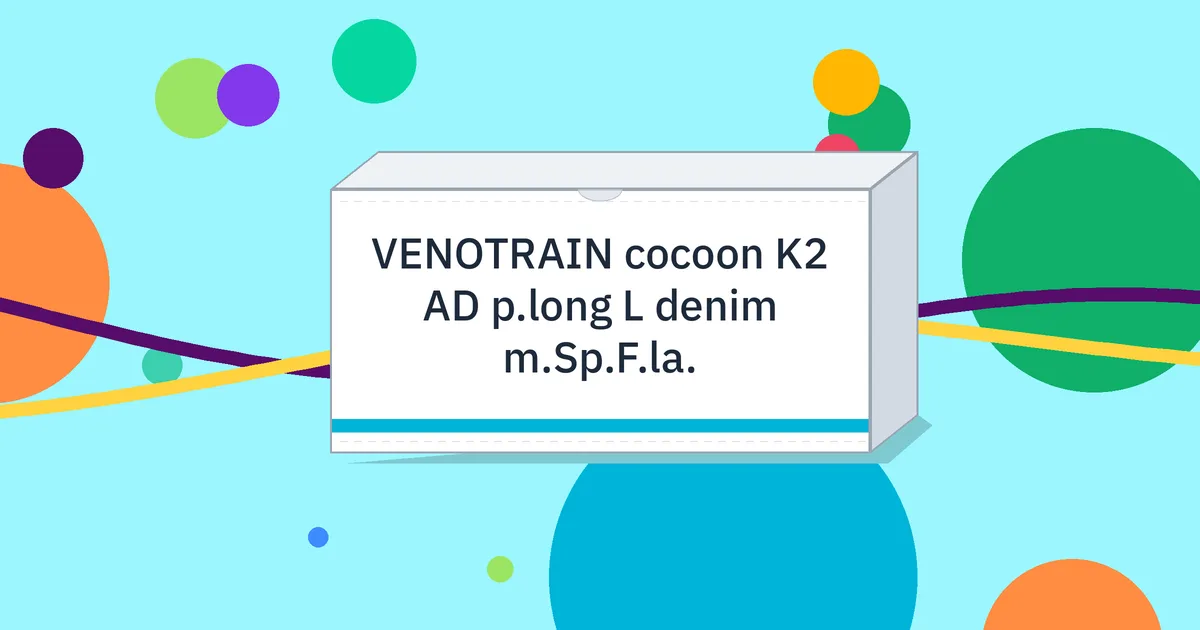 Symbolbild: Packung mit der Aufschrift VENOTRAIN cocoon K2 AD p.long L denim m.Sp.F.la. (PZN 19199257) – Verfügbarkeit und Bezug in Apotheken in Frankfurt am Main