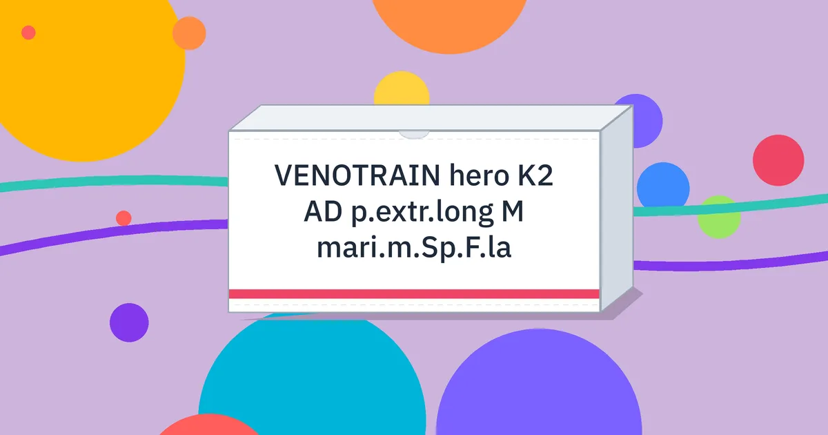 Symbolbild: Packung mit der Aufschrift VENOTRAIN hero K2 AD p.extr.long M mari.m.Sp.F.la (PZN 19189514) – Verfügbarkeit und Bezug in Apotheken in Frankfurt am Main