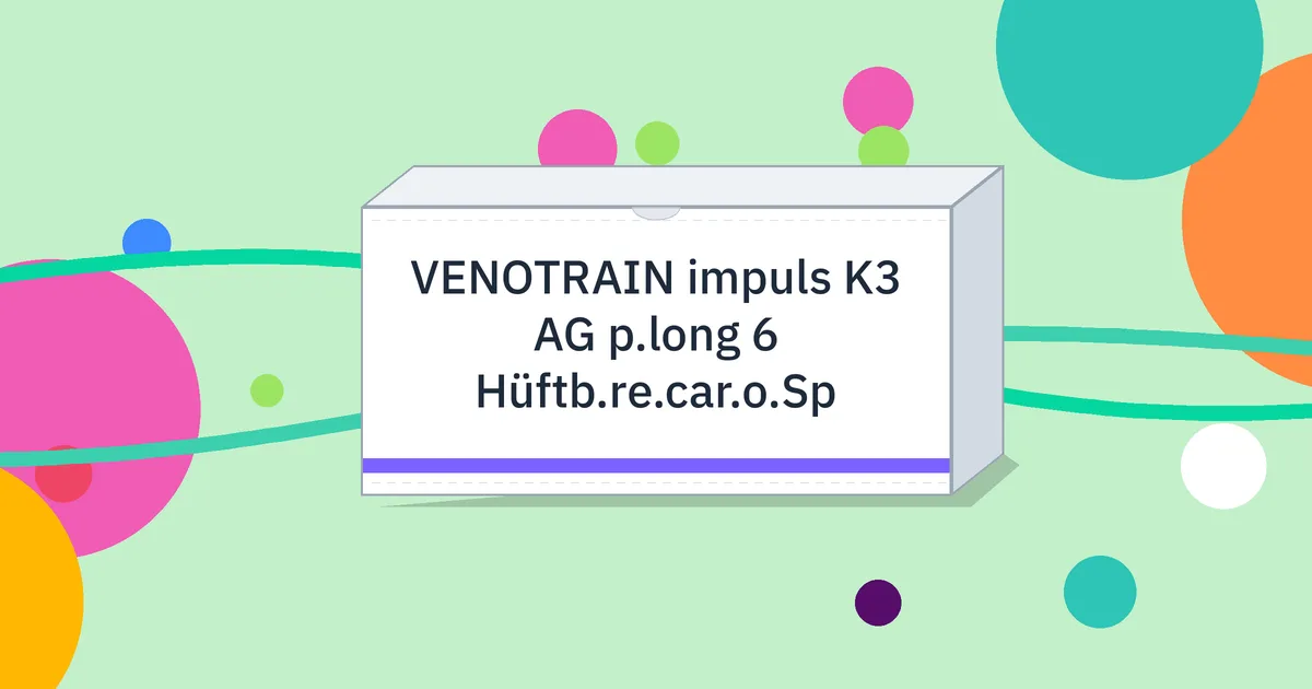 Symbolbild: Packung mit der Aufschrift VENOTRAIN impuls K3 AG p.long 6 Hüftb.re.car.o.Sp (PZN 08423510) – Verfügbarkeit und Bezug in Apotheken in Frankfurt am Main
