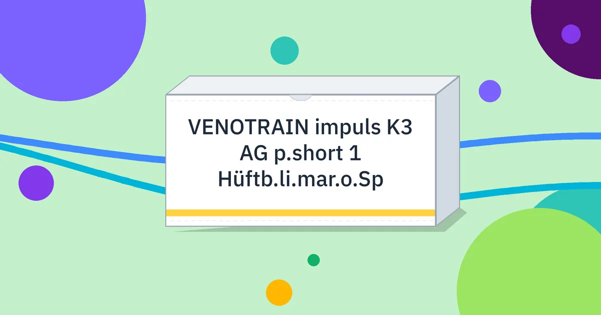 Symbolbild: Packung mit der Aufschrift VENOTRAIN impuls K3 AG p.short 1 Hüftb.li.mar.o.Sp (PZN 15220345) – Verfügbarkeit und Bezug in Apotheken in Frankfurt am Main