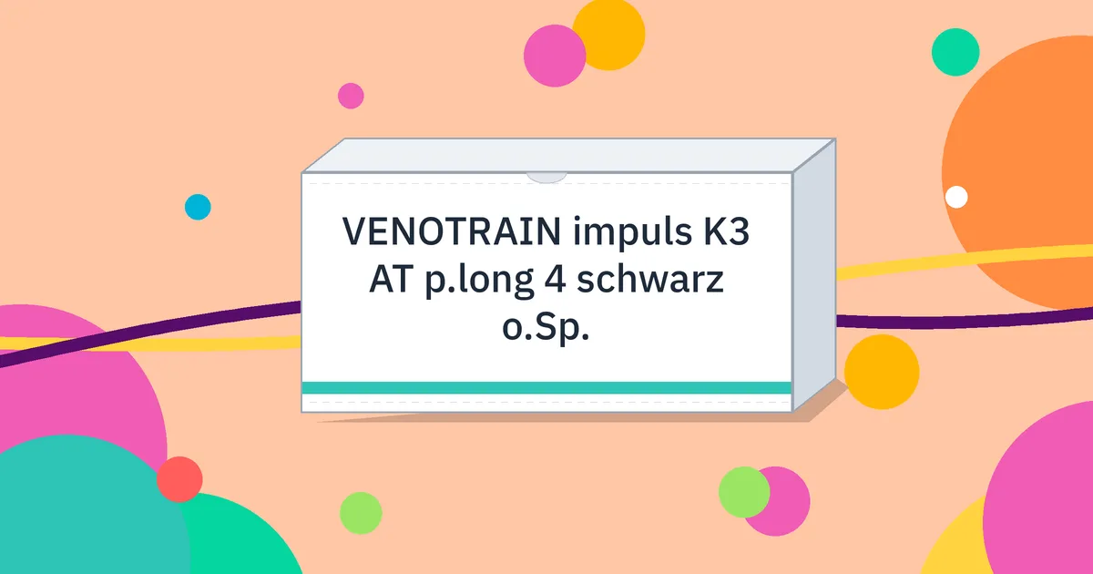 Symbolbild: Packung mit der Aufschrift VENOTRAIN impuls K3 AT p.long 4 schwarz o.Sp. (PZN 19356627) – Verfügbarkeit und Bezug in Apotheken in Frankfurt am Main
