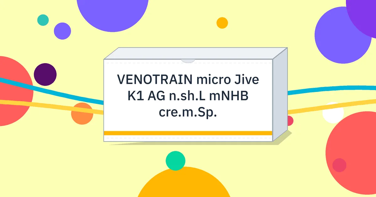 Symbolbild: Packung mit der Aufschrift VENOTRAIN micro Jive K1 AG n.sh.L mNHB cre.m.Sp. (PZN 17757859) – Verfügbarkeit und Bezug in Apotheken in Frankfurt am Main