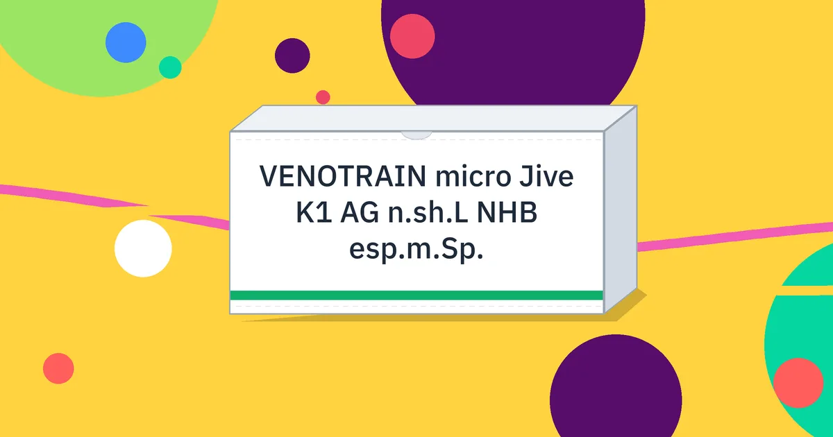 Symbolbild: Packung mit der Aufschrift VENOTRAIN micro Jive K1 AG n.sh.L NHB esp.m.Sp. (PZN 17765706) – Verfügbarkeit und Bezug in Apotheken in Frankfurt am Main