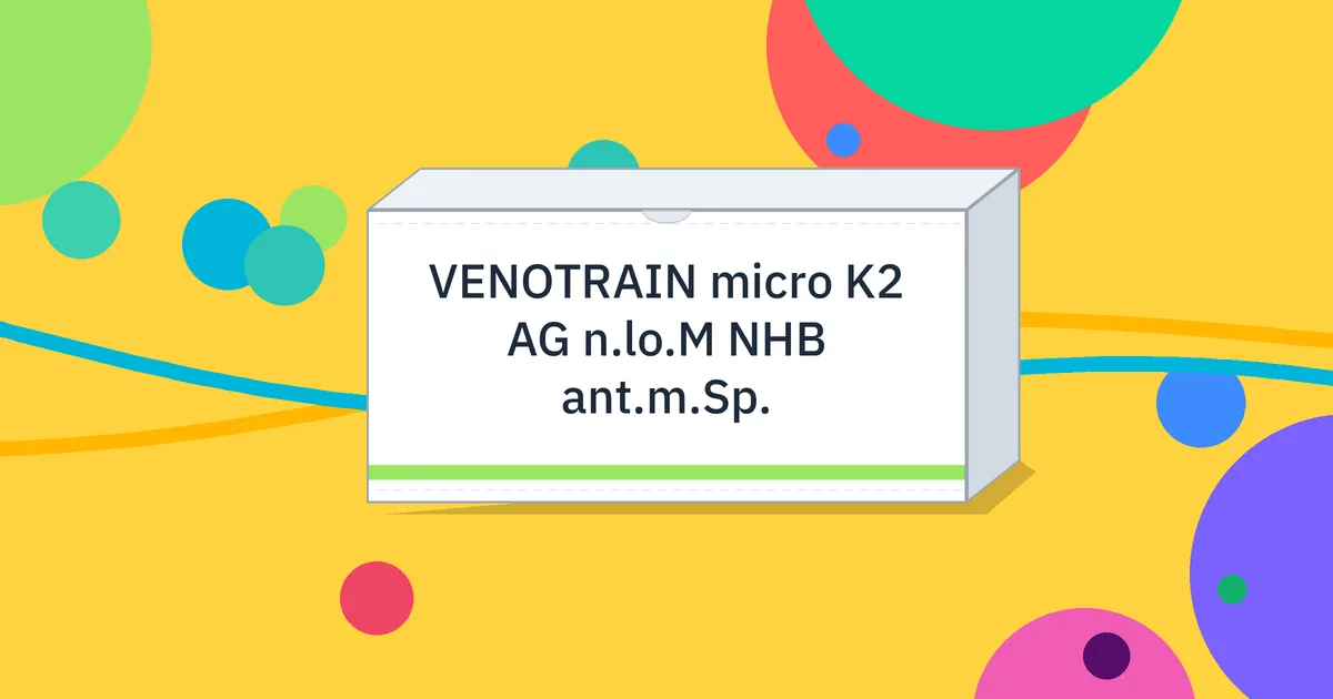 Symbolbild: Packung mit der Aufschrift VENOTRAIN micro K2 AG n.lo.M NHB ant.m.Sp. (PZN 11064049) – Verfügbarkeit und Bezug in Apotheken in Frankfurt am Main