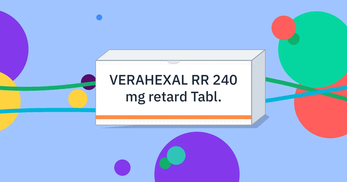 Symbolbild: Packung mit der Aufschrift VERAHEXAL RR 240 mg retard Tabl. (PZN 04829043) – Verfügbarkeit und Bezug in Apotheken in Frankfurt am Main