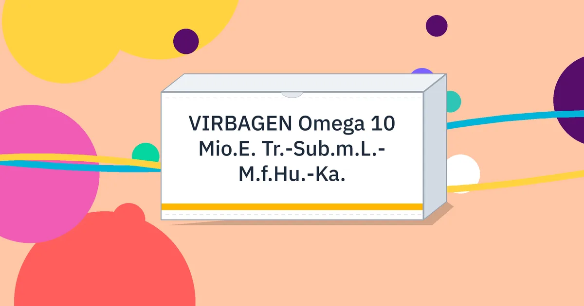Symbolbild: Packung mit der Aufschrift VIRBAGEN Omega 10 Mio.E. Tr.-Sub.m.L.-M.f.Hu.-Ka. (PZN 04929595) – Verfügbarkeit und Bezug in Apotheken in Frankfurt am Main