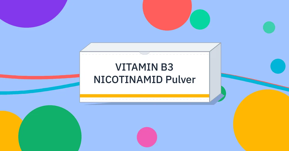 Symbolbild: Packung mit der Aufschrift VITAMIN B3 NICOTINAMID Pulver (PZN 16835853) – Verfügbarkeit und Bezug in Apotheken in Frankfurt am Main