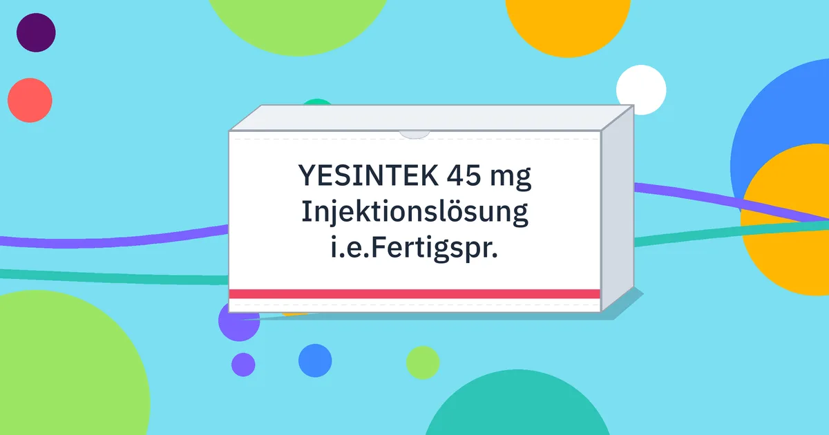 Symbolbild: Packung mit der Aufschrift YESINTEK 45 mg Injektionslösung i.e.Fertigspr. (PZN 20229130) – Verfügbarkeit und Bezug in Apotheken in Frankfurt am Main