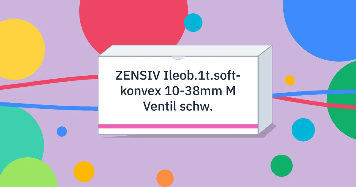 Symbolbild: Packung mit der Aufschrift ZENSIV Ileob.1t.soft-konvex 10-38mm M Ventil schw. (PZN 19436757) – Verfügbarkeit und Bezug in Apotheken in Frankfurt am Main