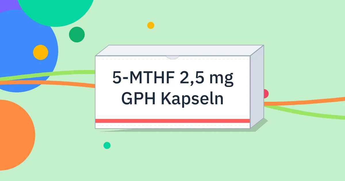 Symbolbild: Packung mit der Aufschrift 5-MTHF 2,5 mg GPH Kapseln (PZN 20051353) – Verfügbarkeit und Bezug in Apotheken in Frankfurt am Main