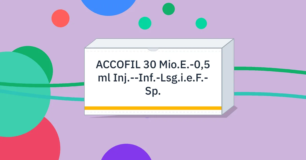 Symbolbild: Packung mit der Aufschrift ACCOFIL 30 Mio.E.-0,5 ml Inj.--Inf.-Lsg.i.e.F.-Sp. (PZN 16708066) – Verfügbarkeit und Bezug in Apotheken in Frankfurt am Main