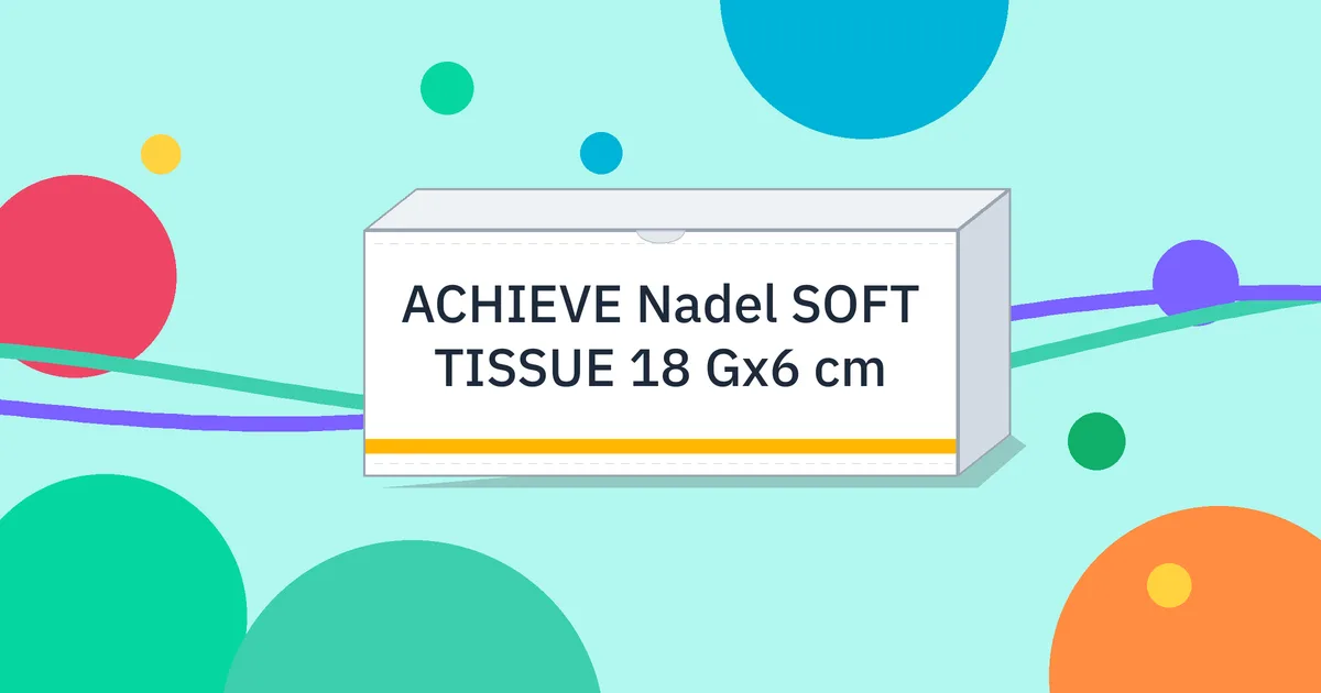 Symbolbild: Packung mit der Aufschrift ACHIEVE Nadel SOFT TISSUE 18 Gx6 cm (PZN 18763537) – Verfügbarkeit und Bezug in Apotheken in Frankfurt am Main