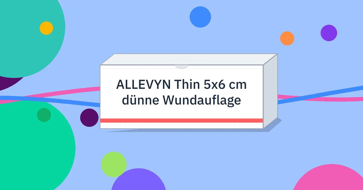 Symbolbild: Packung mit der Aufschrift ALLEVYN Thin 5x6 cm dünne Wundauflage (PZN 14329413) – Verfügbarkeit und Bezug in Apotheken in Frankfurt am Main