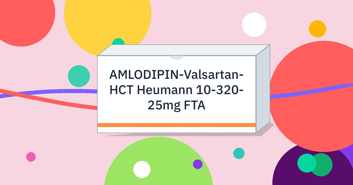 Symbolbild: Packung mit der Aufschrift AMLODIPIN-Valsartan-HCT Heumann 10-320-25mg FTA (PZN 14235741) – Verfügbarkeit und Bezug in Apotheken in Frankfurt am Main