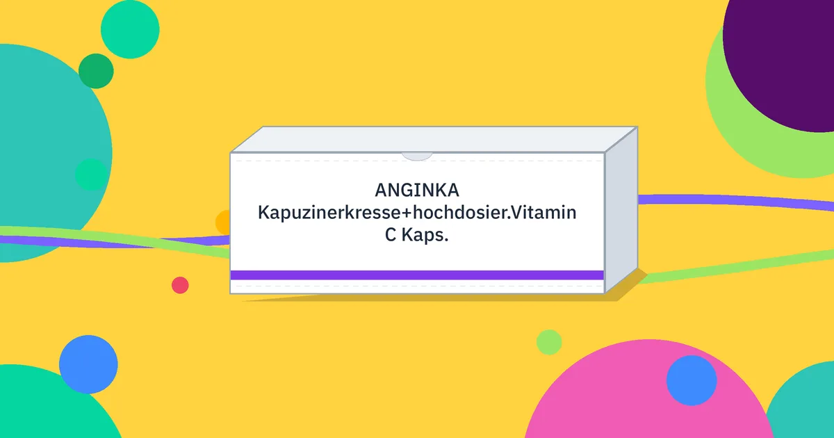 Symbolbild: Packung mit der Aufschrift ANGINKA Kapuzinerkresse+hochdosier.Vitamin C Kaps. (PZN 18746786) – Verfügbarkeit und Bezug in Apotheken in Frankfurt am Main