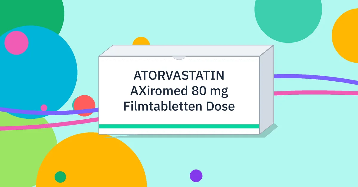 Symbolbild: Packung mit der Aufschrift ATORVASTATIN AXiromed 80 mg Filmtabletten Dose (PZN 18303586) – Verfügbarkeit und Bezug in Apotheken in Frankfurt am Main