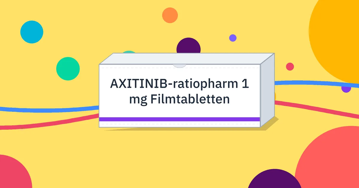 Symbolbild: Packung mit der Aufschrift AXITINIB-ratiopharm 1 mg Filmtabletten (PZN 19261743) – Verfügbarkeit und Bezug in Apotheken in Frankfurt am Main