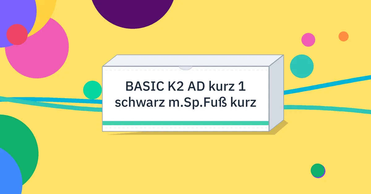 Symbolbild: Packung mit der Aufschrift BASIC K2 AD kurz 1 schwarz m.Sp.Fuß kurz (PZN 20263428) – Verfügbarkeit und Bezug in Apotheken in Frankfurt am Main