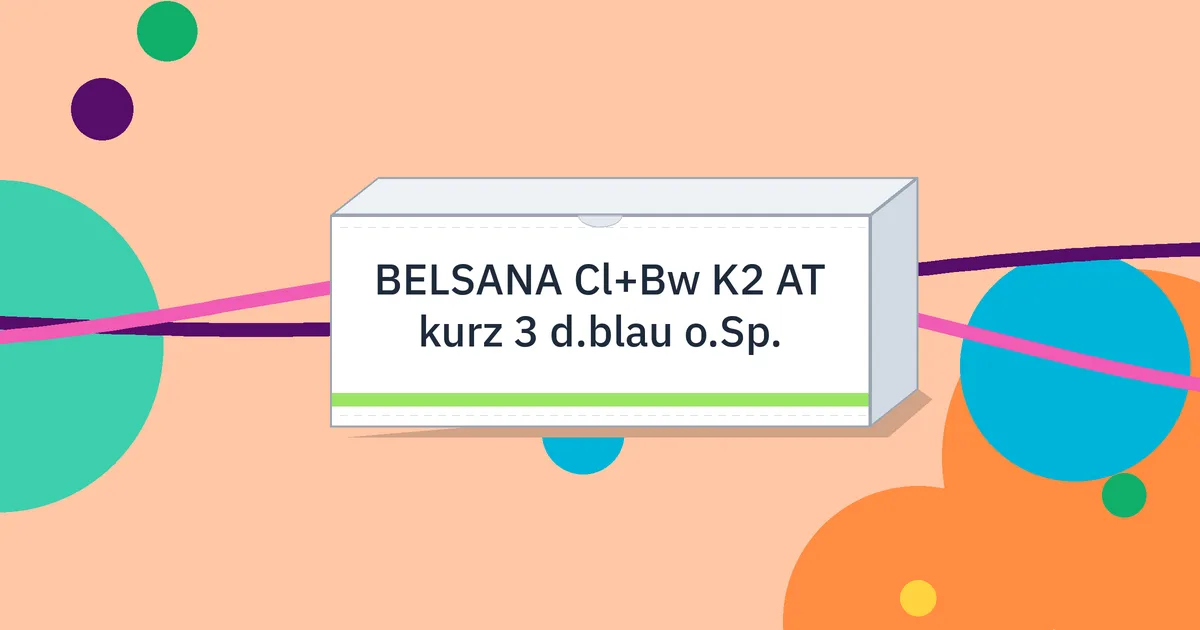 Symbolbild: Packung mit der Aufschrift BELSANA Cl+Bw K2 AT kurz 3 d.blau o.Sp. (PZN 15627851) – Verfügbarkeit und Bezug in Apotheken in Frankfurt am Main