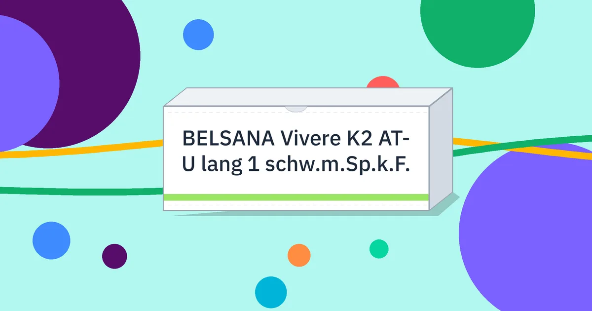 Symbolbild: Packung mit der Aufschrift BELSANA Vivere K2 AT-U lang 1 schw.m.Sp.k.F. (PZN 08535002) – Verfügbarkeit und Bezug in Apotheken in Frankfurt am Main