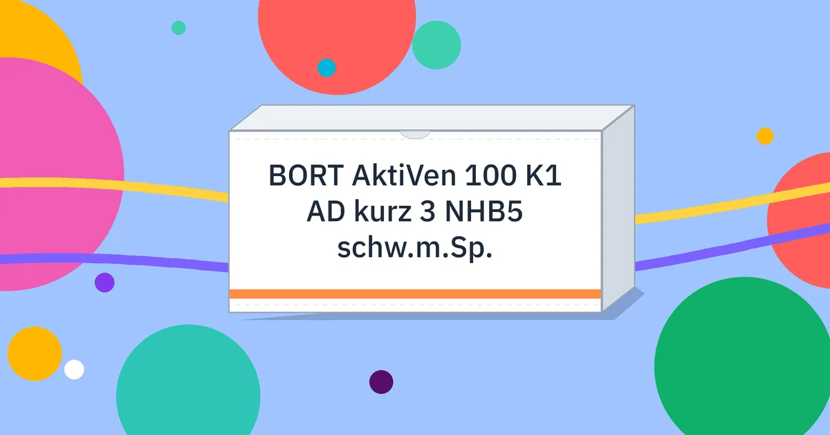 Symbolbild: Packung mit der Aufschrift BORT AktiVen 100 K1 AD kurz 3 NHB5 schw.m.Sp. (PZN 17497453) – Verfügbarkeit und Bezug in Apotheken in Frankfurt am Main