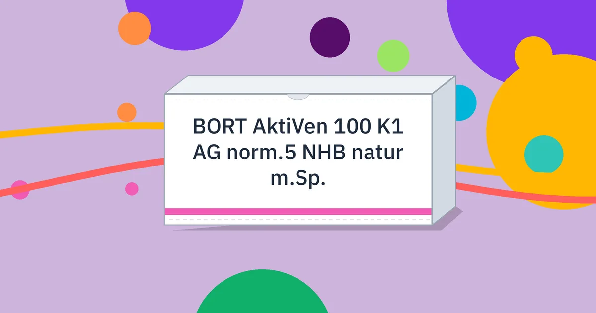 Symbolbild: Packung mit der Aufschrift BORT AktiVen 100 K1 AG norm.5 NHB natur m.Sp. (PZN 13729725) – Verfügbarkeit und Bezug in Apotheken in Frankfurt am Main