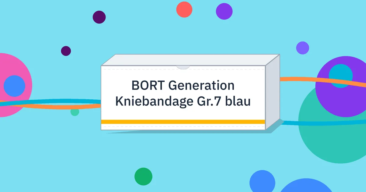 Symbolbild: Packung mit der Aufschrift BORT Generation Kniebandage Gr.7 blau (PZN 19110895) – Verfügbarkeit und Bezug in Apotheken in Frankfurt am Main