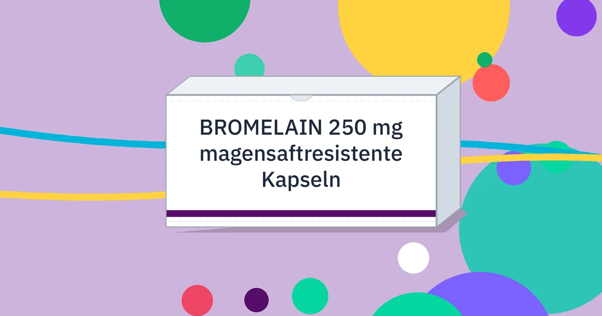 Symbolbild: Packung mit der Aufschrift BROMELAIN 250 mg magensaftresistente Kapseln (PZN 11888595) – Verfügbarkeit und Bezug in Apotheken in Frankfurt am Main