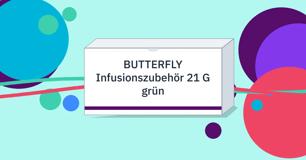 Symbolbild: Packung mit der Aufschrift BUTTERFLY Infusionszubehör 21 G grün (PZN 10841806) – Verfügbarkeit und Bezug in Apotheken in Frankfurt am Main