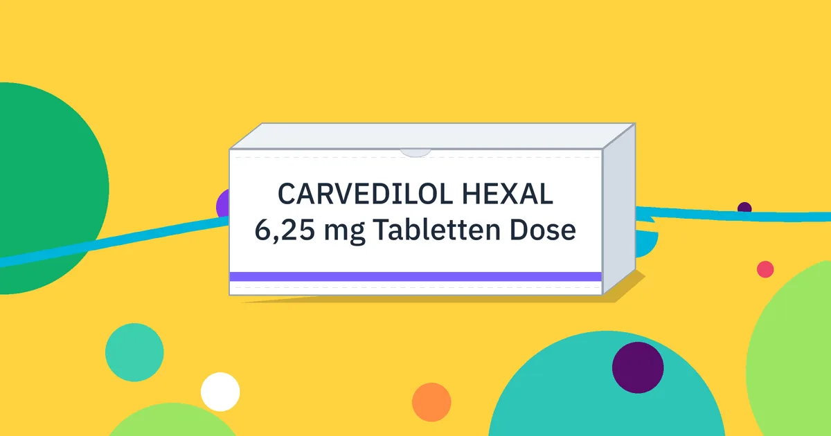 Symbolbild: Packung mit der Aufschrift CARVEDILOL HEXAL 6,25 mg Tabletten Dose (PZN 17420628) – Verfügbarkeit und Bezug in Apotheken in Frankfurt am Main