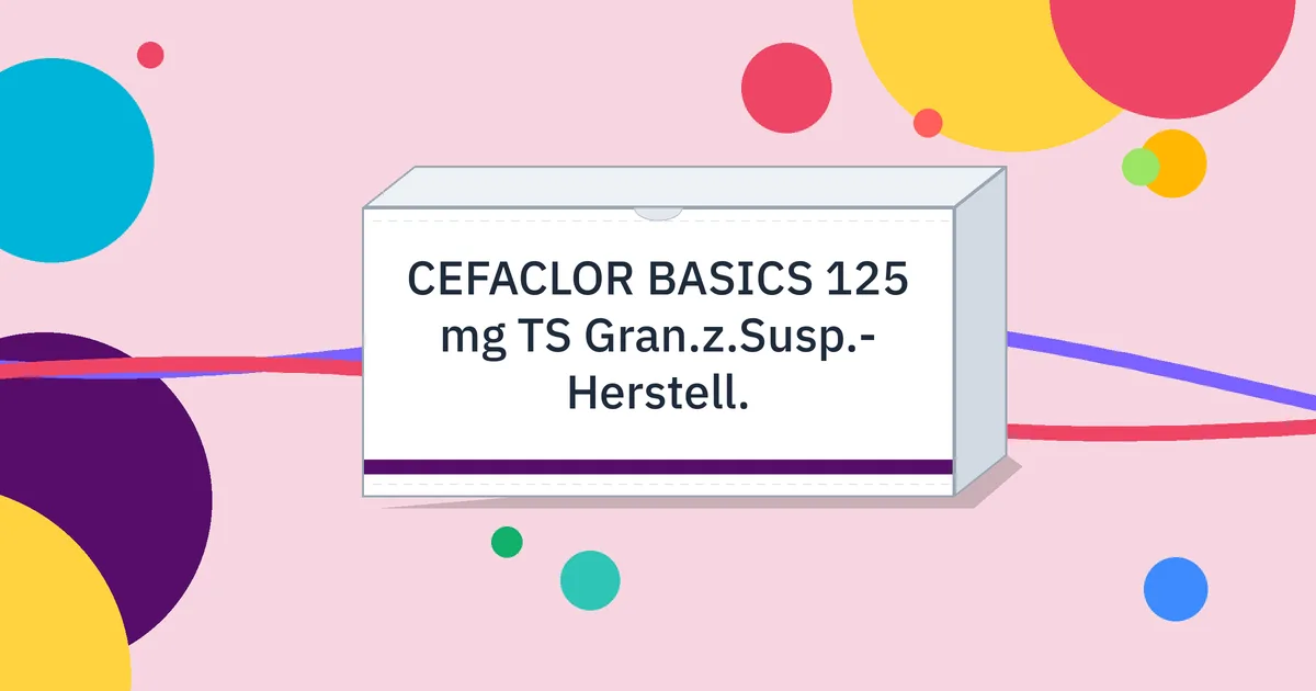 Symbolbild: Packung mit der Aufschrift CEFACLOR BASICS 125 mg TS Gran.z.Susp.-Herstell. (PZN 02231494) – Verfügbarkeit und Bezug in Apotheken in Frankfurt am Main