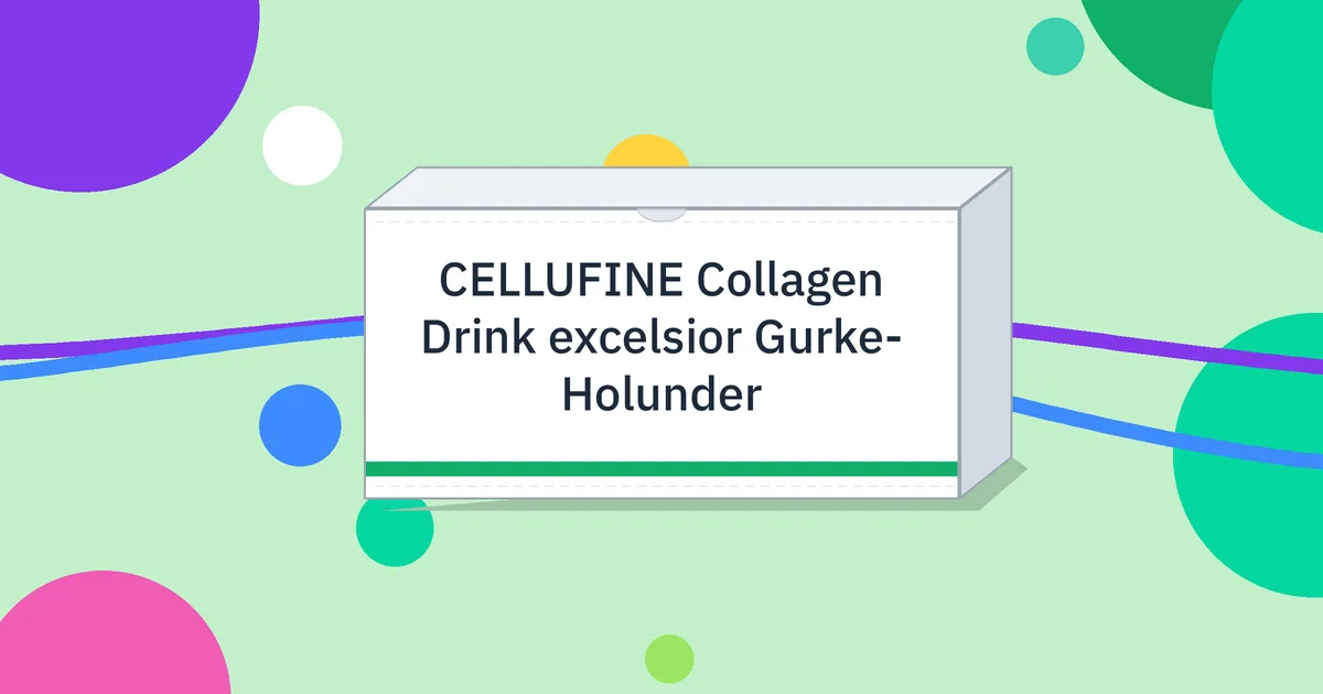 Symbolbild: Packung mit der Aufschrift CELLUFINE Collagen Drink excelsior Gurke-Holunder (PZN 16138321) – Verfügbarkeit und Bezug in Apotheken in Frankfurt am Main