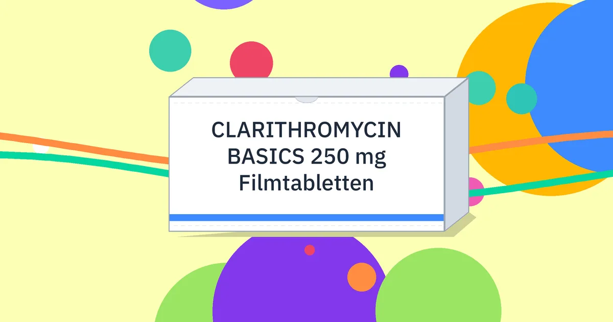 Symbolbild: Packung mit der Aufschrift CLARITHROMYCIN BASICS 250 mg Filmtabletten (PZN 03648428) – Verfügbarkeit und Bezug in Apotheken in Frankfurt am Main