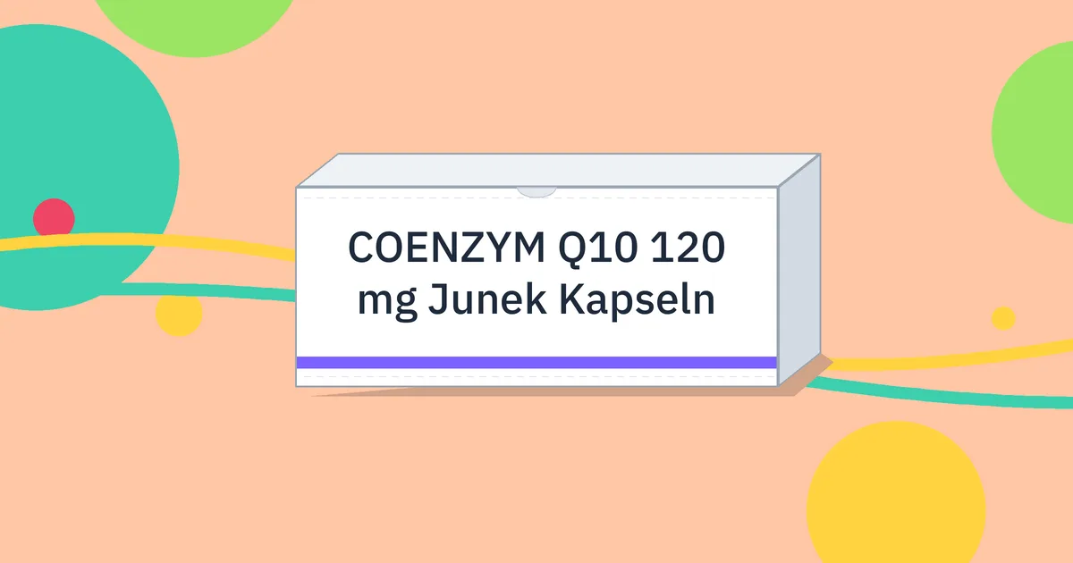 Symbolbild: Packung mit der Aufschrift COENZYM Q10 120 mg Junek Kapseln (PZN 09720032) – Verfügbarkeit und Bezug in Apotheken in Frankfurt am Main