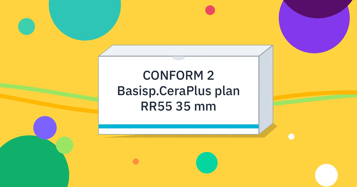 Symbolbild: Packung mit der Aufschrift CONFORM 2 Basisp.CeraPlus plan RR55 35 mm (PZN 16944594) – Verfügbarkeit und Bezug in Apotheken in Frankfurt am Main