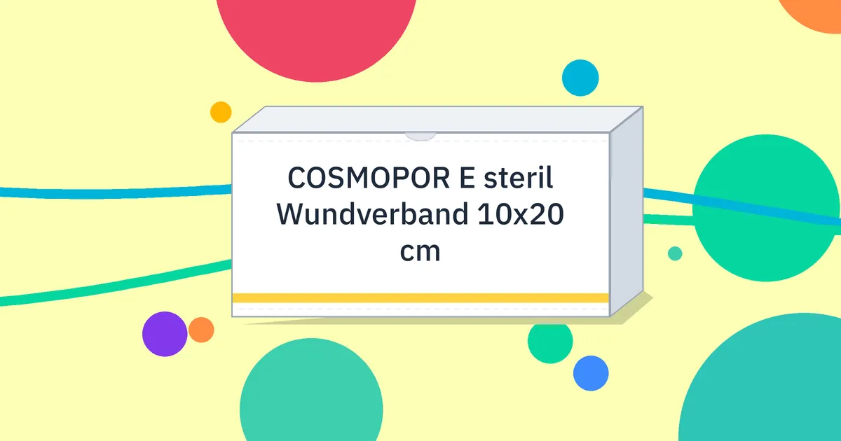 Symbolbild: Packung mit der Aufschrift COSMOPOR E steril Wundverband 10x20 cm (PZN 15996620) – Verfügbarkeit und Bezug in Apotheken in Frankfurt am Main