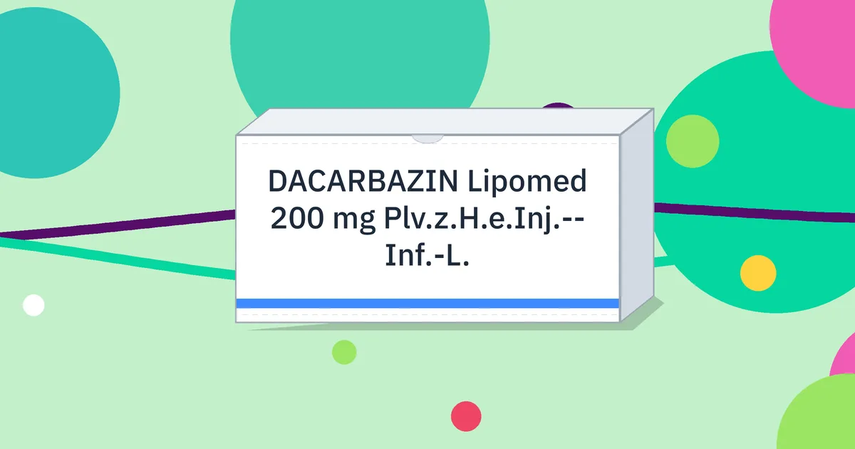 Symbolbild: Packung mit der Aufschrift DACARBAZIN Lipomed 200 mg Plv.z.H.e.Inj.--Inf.-L. (PZN 06809949) – Verfügbarkeit und Bezug in Apotheken in Frankfurt am Main