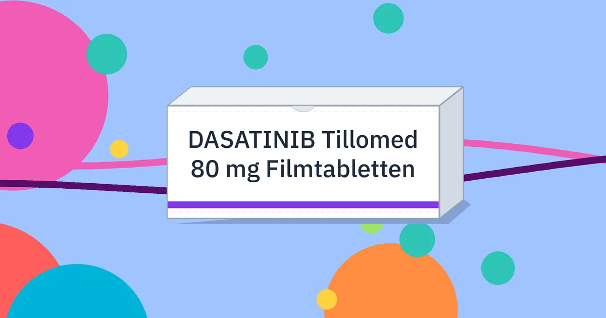 Symbolbild: Packung mit der Aufschrift DASATINIB Tillomed 80 mg Filmtabletten (PZN 16818493) – Verfügbarkeit und Bezug in Apotheken in Frankfurt am Main