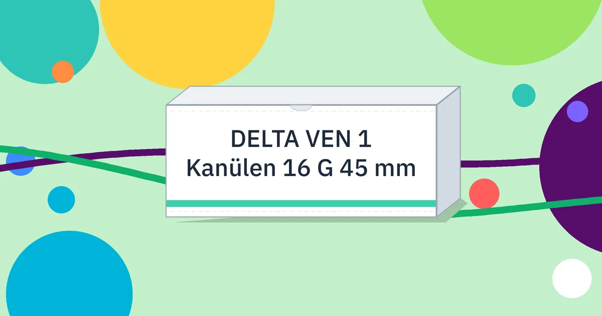 Symbolbild: Packung mit der Aufschrift DELTA VEN 1 Kanülen 16 G 45 mm (PZN 07757568) – Verfügbarkeit und Bezug in Apotheken in Frankfurt am Main