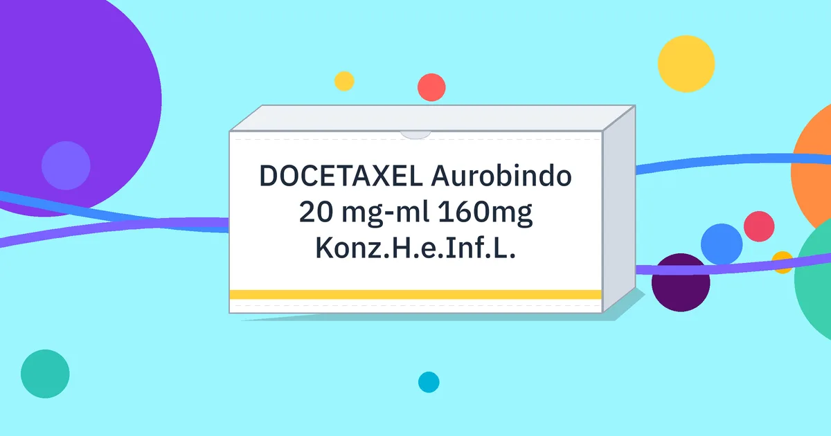 Symbolbild: Packung mit der Aufschrift DOCETAXEL Aurobindo 20 mg-ml 160mg Konz.H.e.Inf.L. (PZN 19176411) – Verfügbarkeit und Bezug in Apotheken in Frankfurt am Main