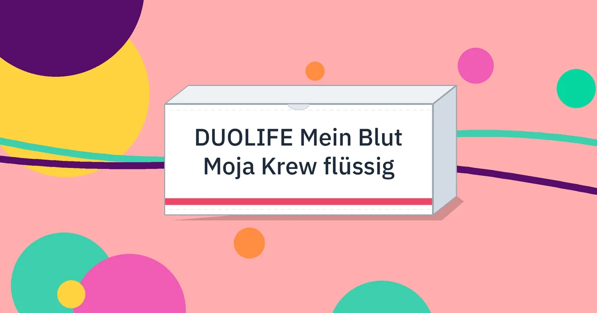 Symbolbild: Packung mit der Aufschrift DUOLIFE Mein Blut Moja Krew flüssig (PZN 16683478) – Verfügbarkeit und Bezug in Apotheken in Frankfurt am Main