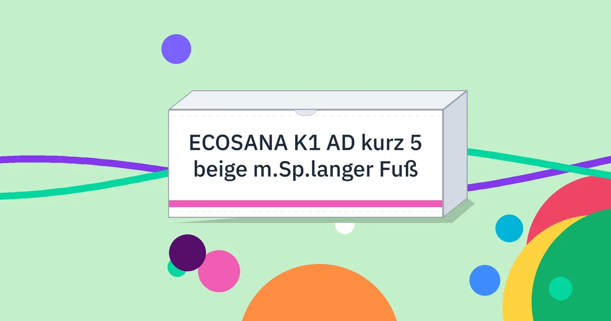 Symbolbild: Packung mit der Aufschrift ECOSANA K1 AD kurz 5 beige m.Sp.langer Fuß (PZN 04725094) – Verfügbarkeit und Bezug in Apotheken in Frankfurt am Main