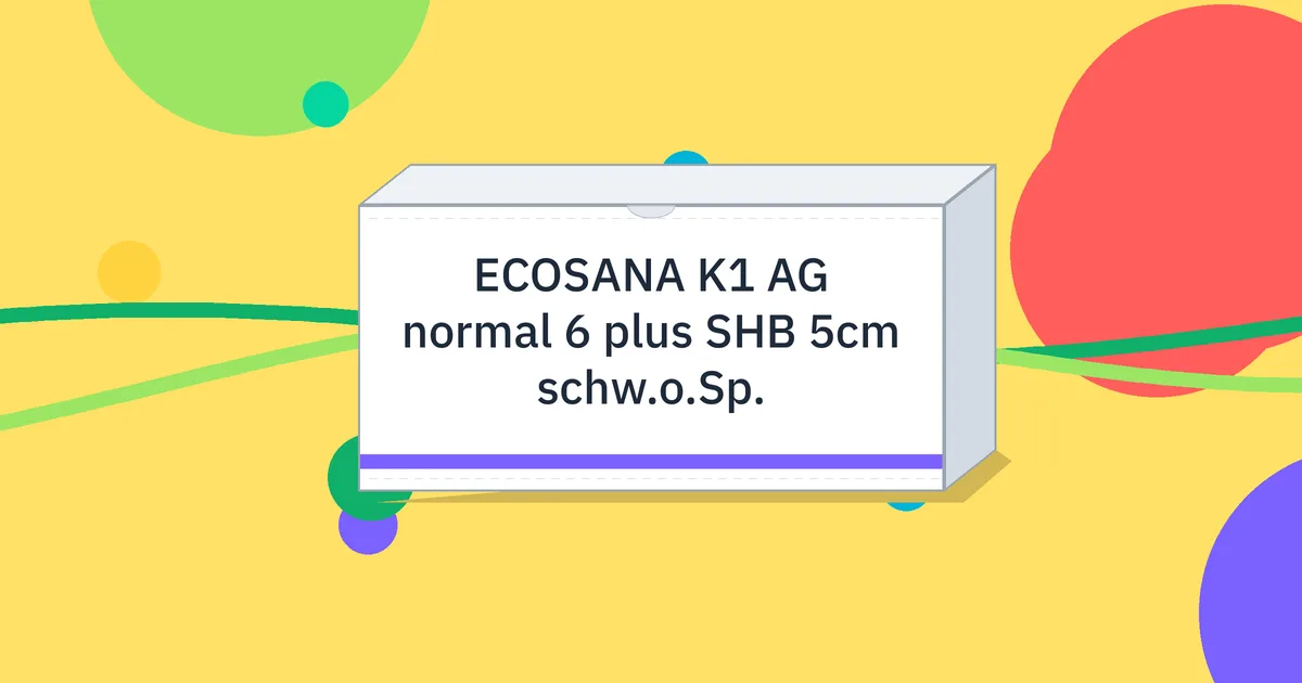 Symbolbild: Packung mit der Aufschrift ECOSANA K1 AG normal 6 plus SHB 5cm schw.o.Sp. (PZN 04729672) – Verfügbarkeit und Bezug in Apotheken in Frankfurt am Main