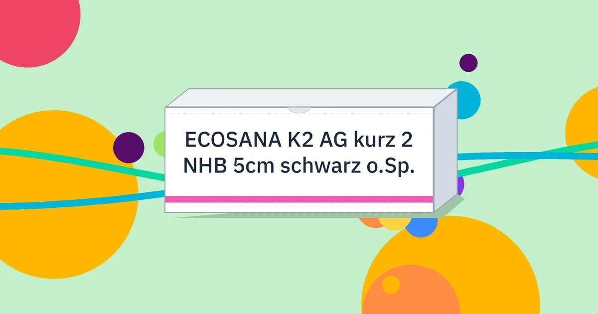 Symbolbild: Packung mit der Aufschrift ECOSANA K2 AG kurz 2 NHB 5cm schwarz o.Sp. (PZN 01387426) – Verfügbarkeit und Bezug in Apotheken in Frankfurt am Main