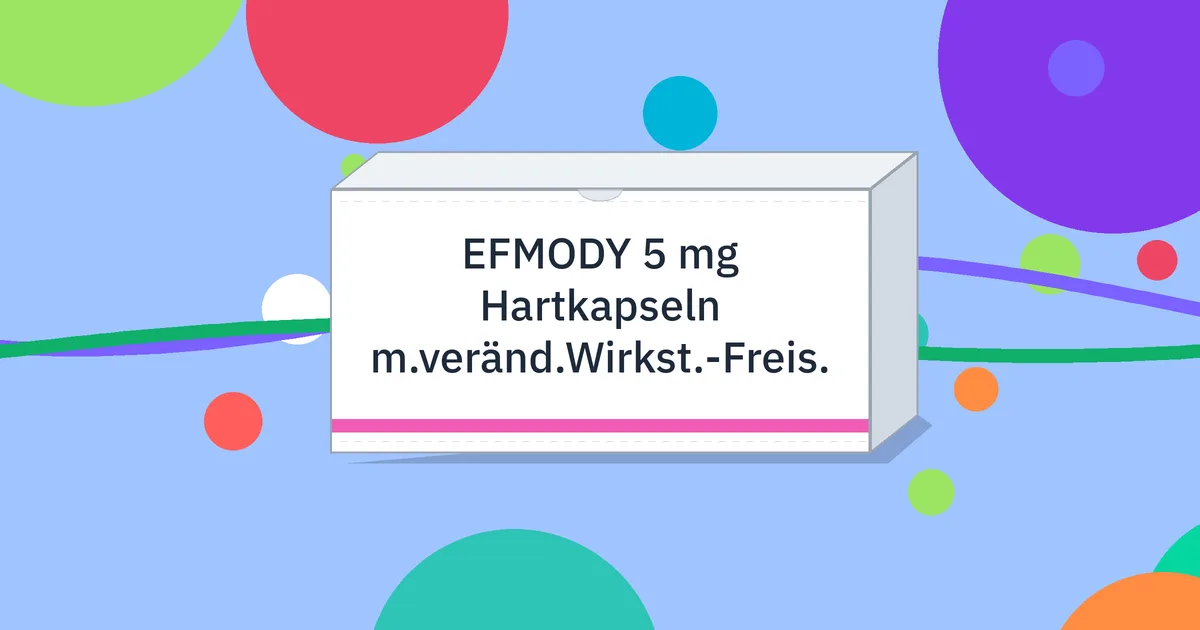 Symbolbild: Packung mit der Aufschrift EFMODY 5 mg Hartkapseln m.veränd.Wirkst.-Freis. (PZN 18094697) – Verfügbarkeit und Bezug in Apotheken in Frankfurt am Main