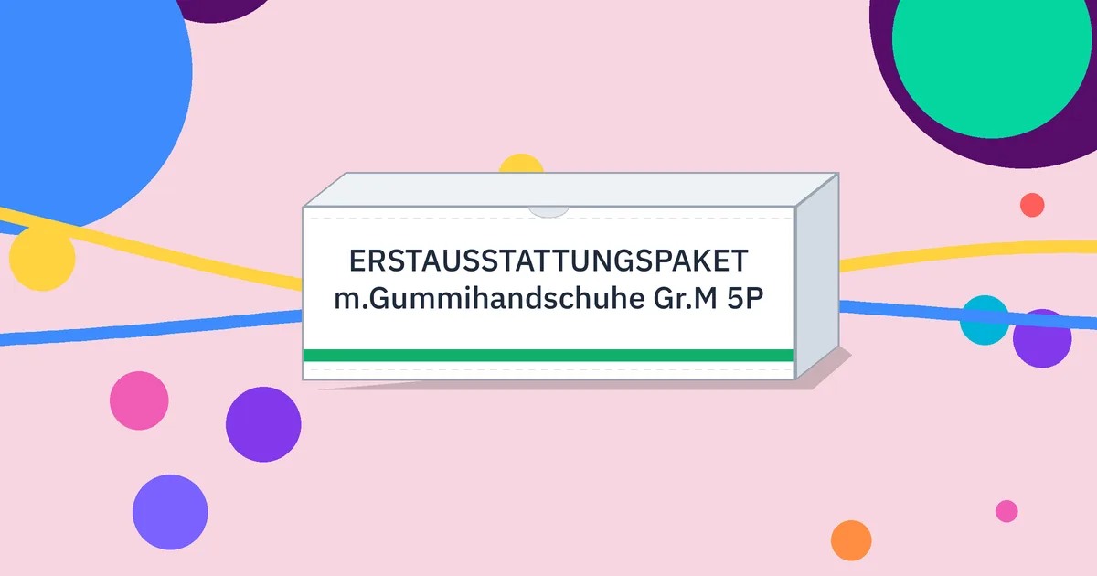 Symbolbild: Packung mit der Aufschrift ERSTAUSSTATTUNGSPAKET m.Gummihandschuhe Gr.M 5P (PZN 19628540) – Verfügbarkeit und Bezug in Apotheken in Frankfurt am Main