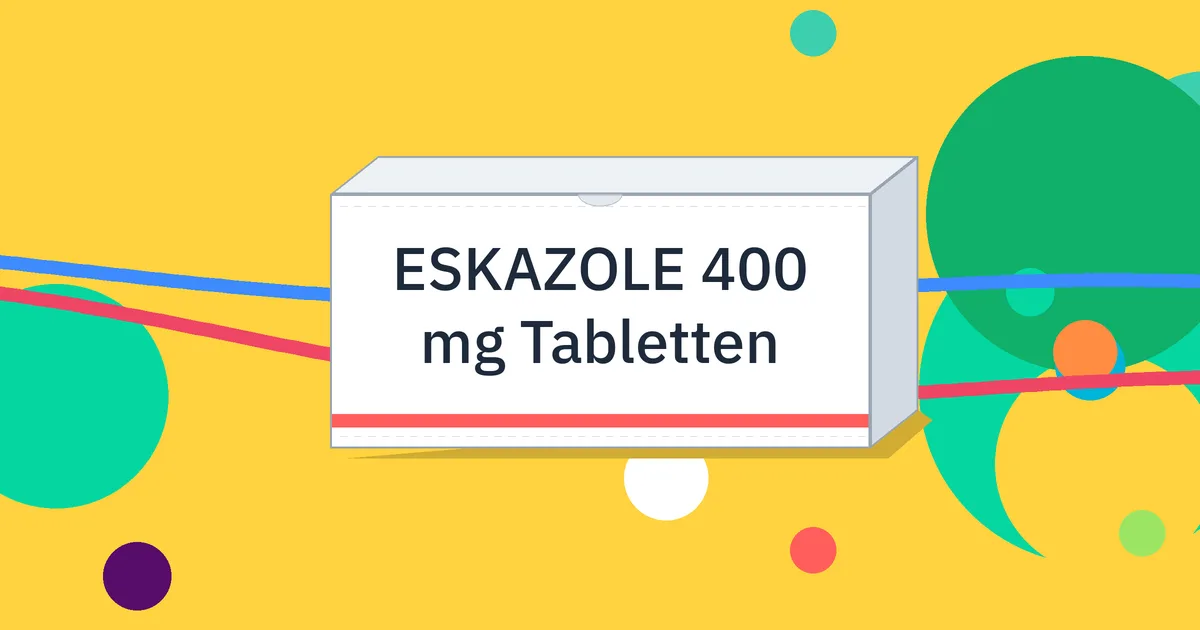 Symbolbild: Packung mit der Aufschrift ESKAZOLE 400 mg Tabletten (PZN 14357148) – Verfügbarkeit und Bezug in Apotheken in Frankfurt am Main