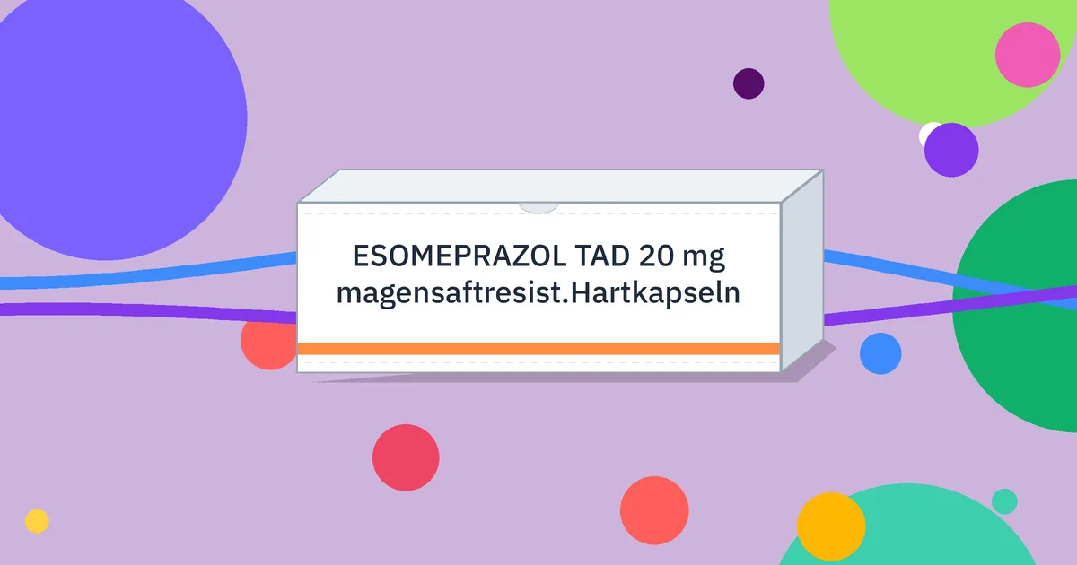 Symbolbild: Packung mit der Aufschrift ESOMEPRAZOL TAD 20 mg magensaftresist.Hartkapseln (PZN 07772929) – Verfügbarkeit und Bezug in Apotheken in Frankfurt am Main