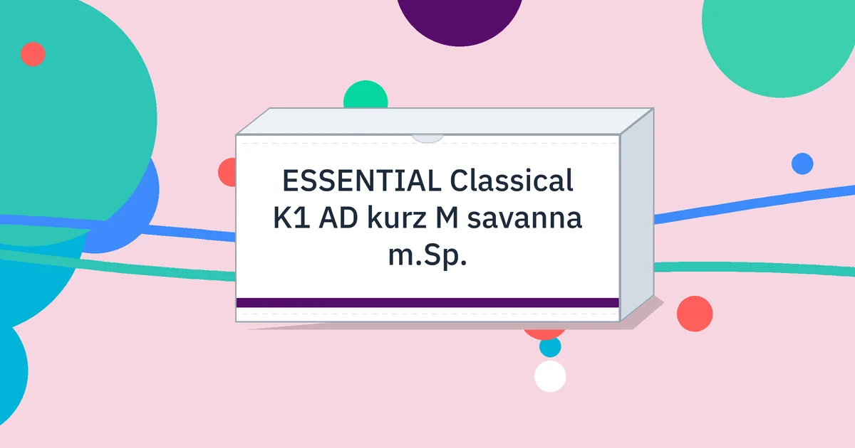 Symbolbild: Packung mit der Aufschrift ESSENTIAL Classical K1 AD kurz M savanna m.Sp. (PZN 16999796) – Verfügbarkeit und Bezug in Apotheken in Frankfurt am Main