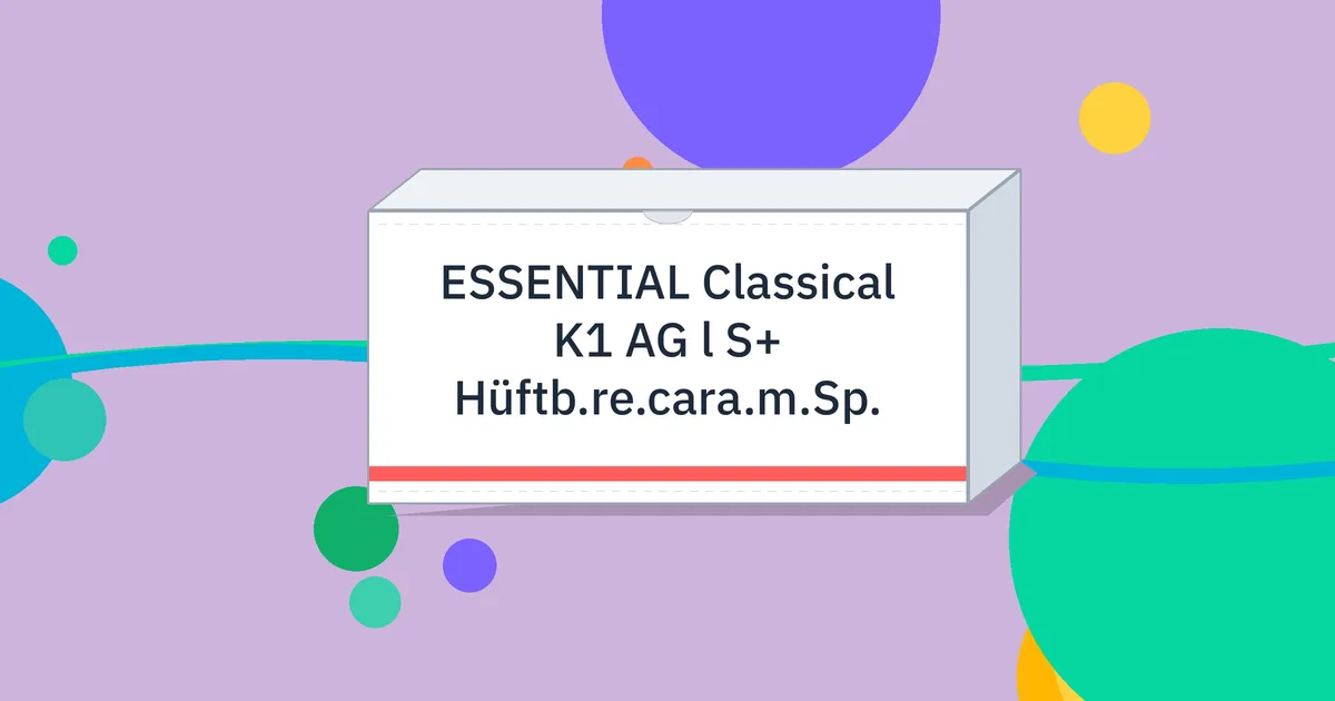Symbolbild: Packung mit der Aufschrift ESSENTIAL Classical K1 AG l S+ Hüftb.re.cara.m.Sp. (PZN 17011870) – Verfügbarkeit und Bezug in Apotheken in Frankfurt am Main